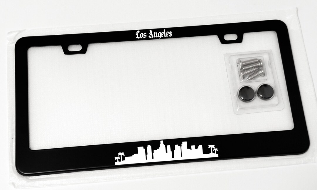 White LA / Los Angeles Skyline Black Metal License Plate Frame Standard ...