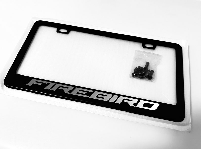 Pontiac Firebird REFLECTIVE WHITE Black Metal License Plate Frame Fits ...