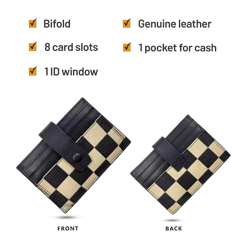 Checkered Bifold Wallet: Genuine Leather & Canvas Card Holder - Etsy