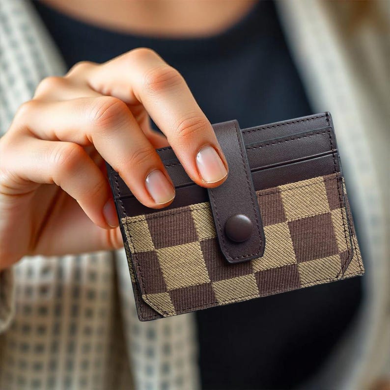 Checkered Bifold Wallet: Genuine Leather & Canvas Card Holder - Etsy