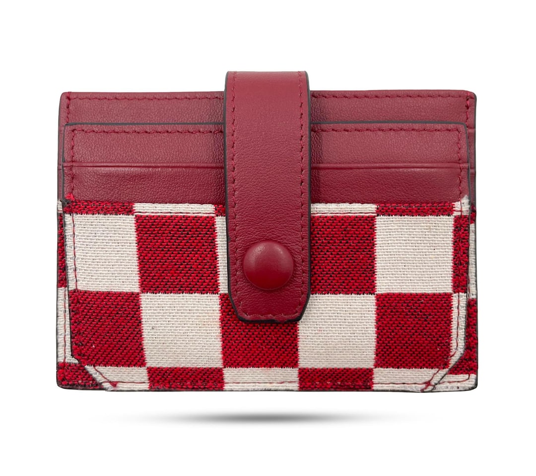 Burgundy Checkered Leather Card Holder Wallet With ID Window - Etsy