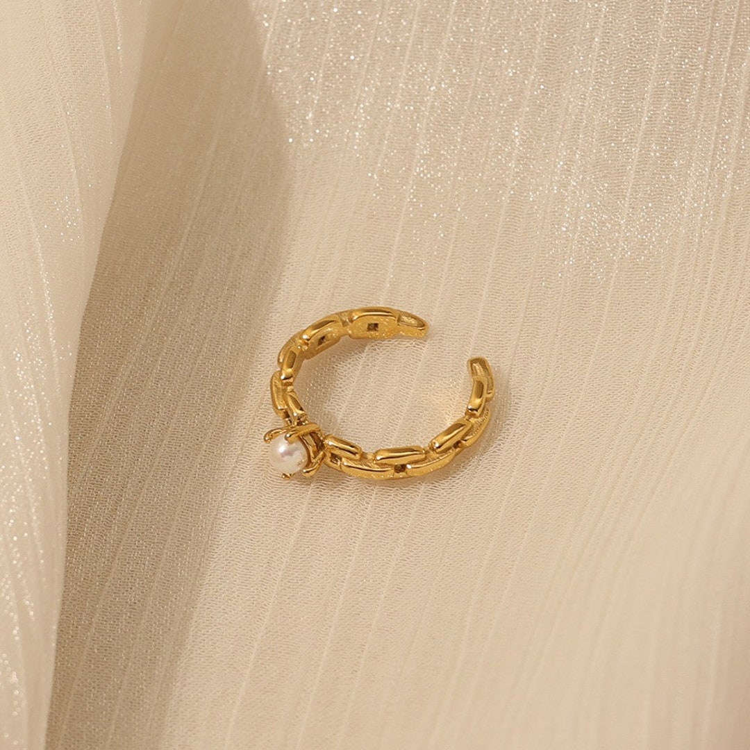 18K Gold Stainless Steel Adjustable Chain Designed Ring With Pearl for ...