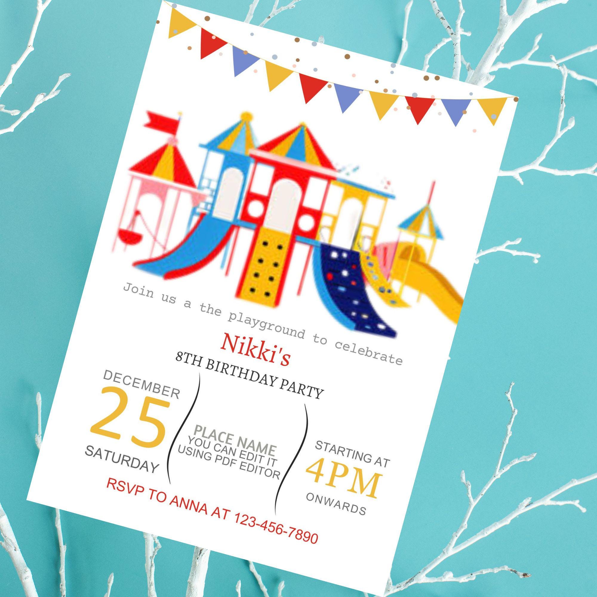 Editable Playground Birthday Party Invitation Girl Let's Play Jungle ...