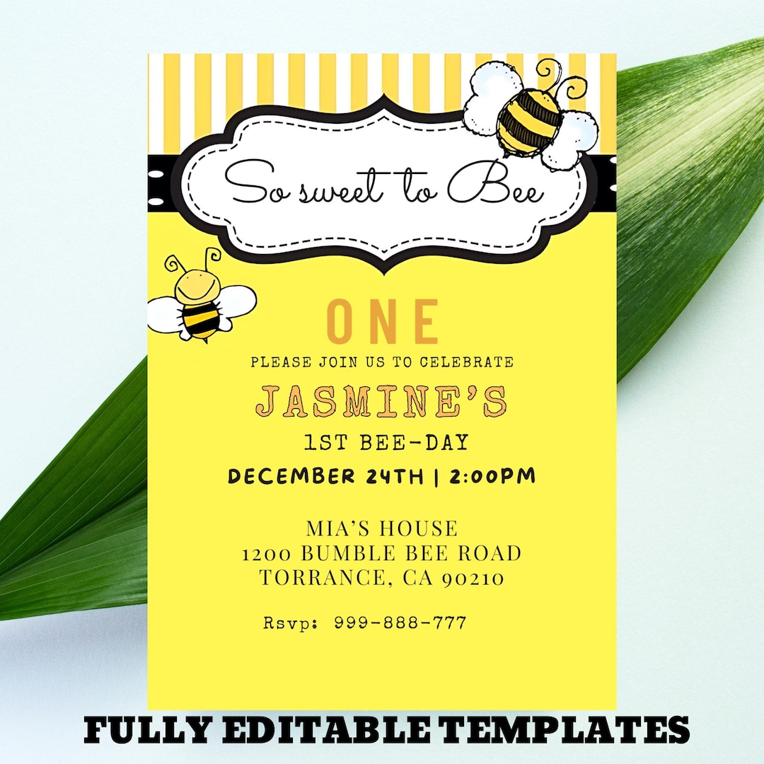 Editable Bee Birthday Invitation Bumble Bee Birthday Party First Bee ...