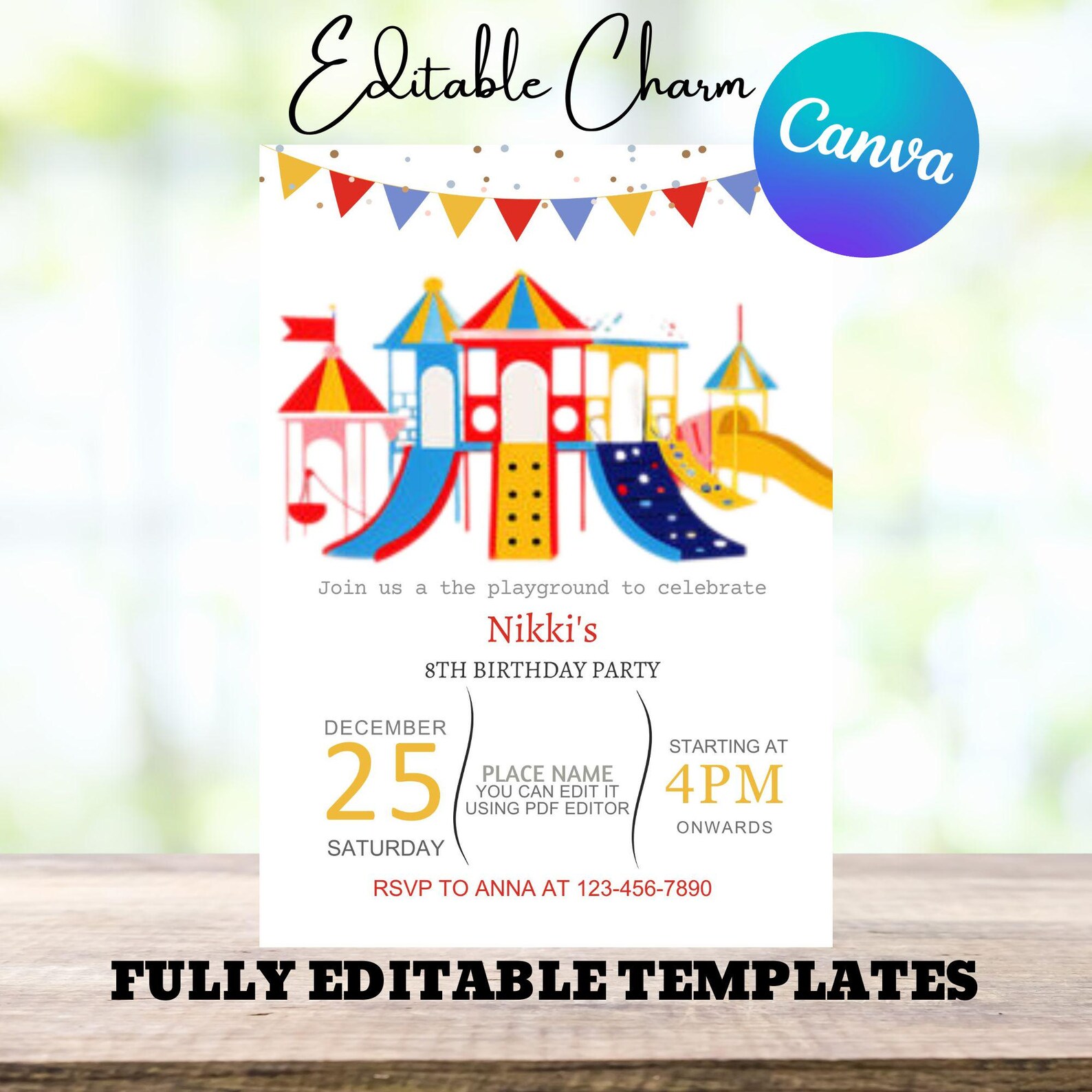 Editable Playground Birthday Party Invitation Girl Let's Play Jungle ...
