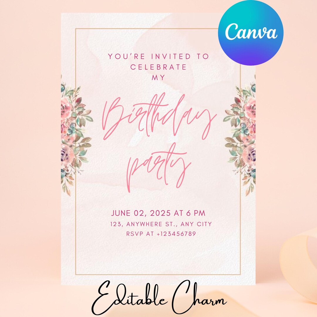 Editable Pink Floral Birthday Party Invitation, Floral Birthday Invite ...