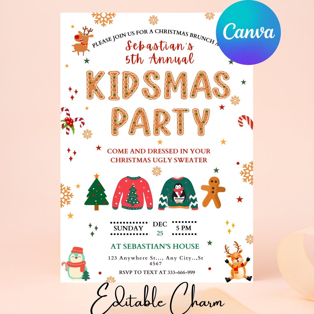 Kidsmas Christmas Invitation, Kids Holiday Party Invitation, Children's ...