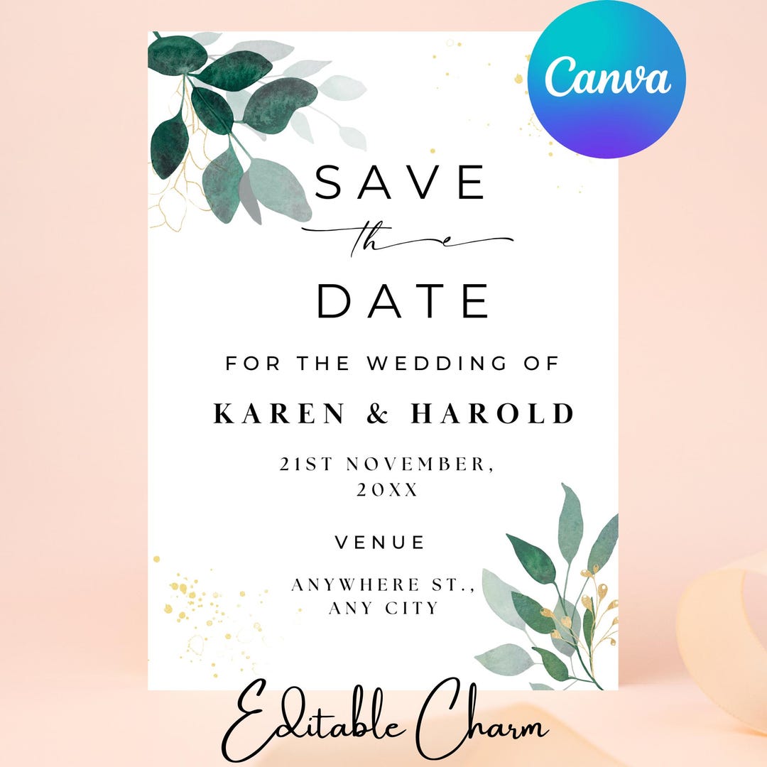 Editable Greenery and Gold Save the Date Template, Save the Date Invite ...