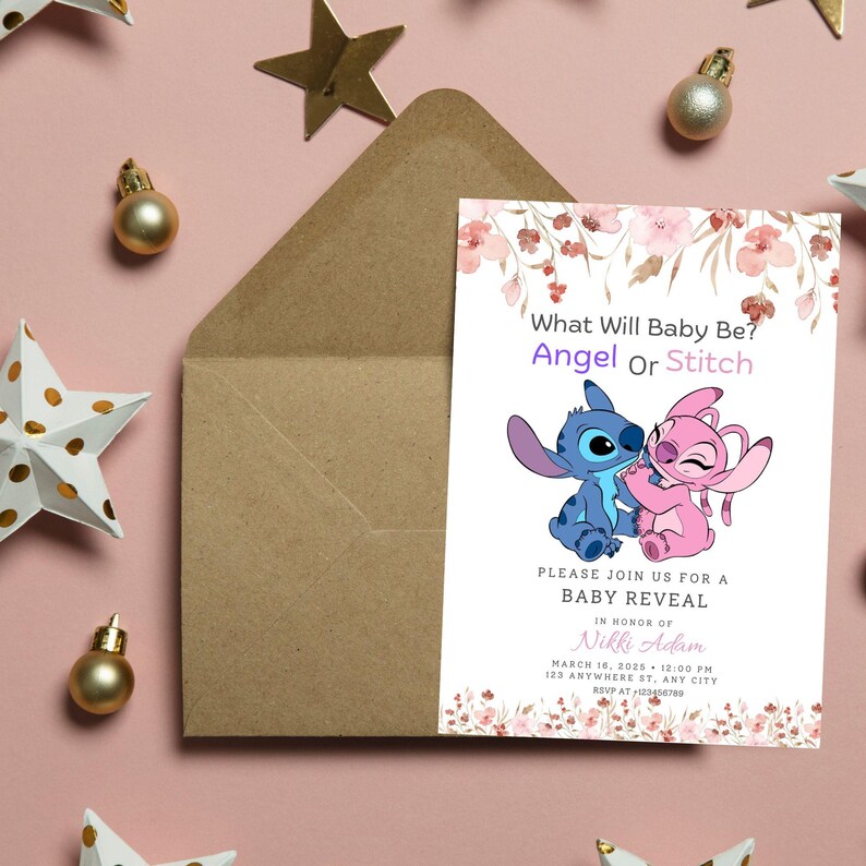 Angel and Stitch Gender Reveal Invitation, Valentines Stitch Gender ...