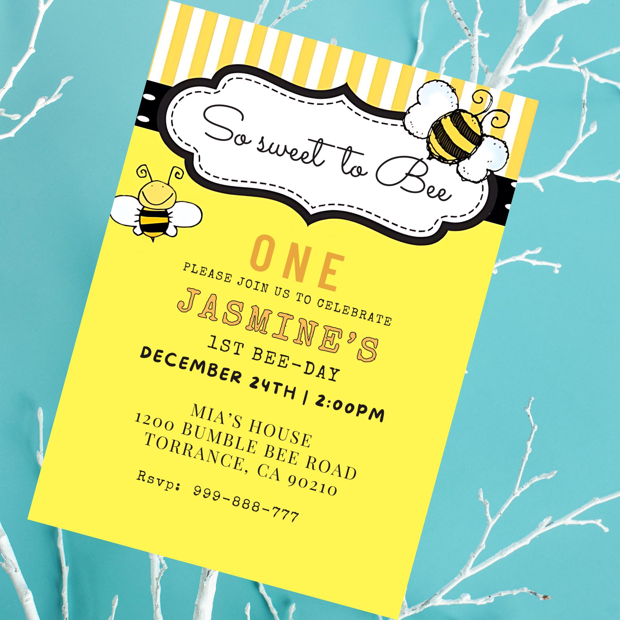 Editable Bee Birthday Invitation Bumble Bee Birthday Party First Bee ...