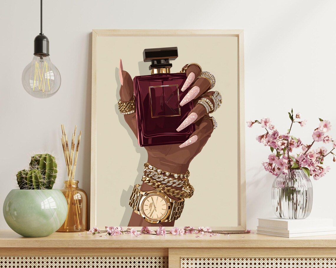 YSL Perfume Bottle in Hand Wall Art, Black Art Prints, Black Girl Art ...