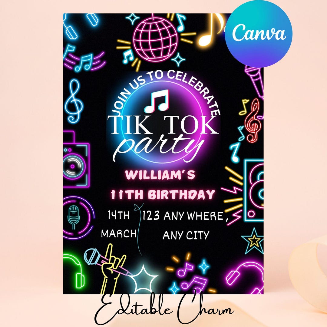 Tiktok Birthday Invitation, Tik Tok Invite, Printable Editable Party ...