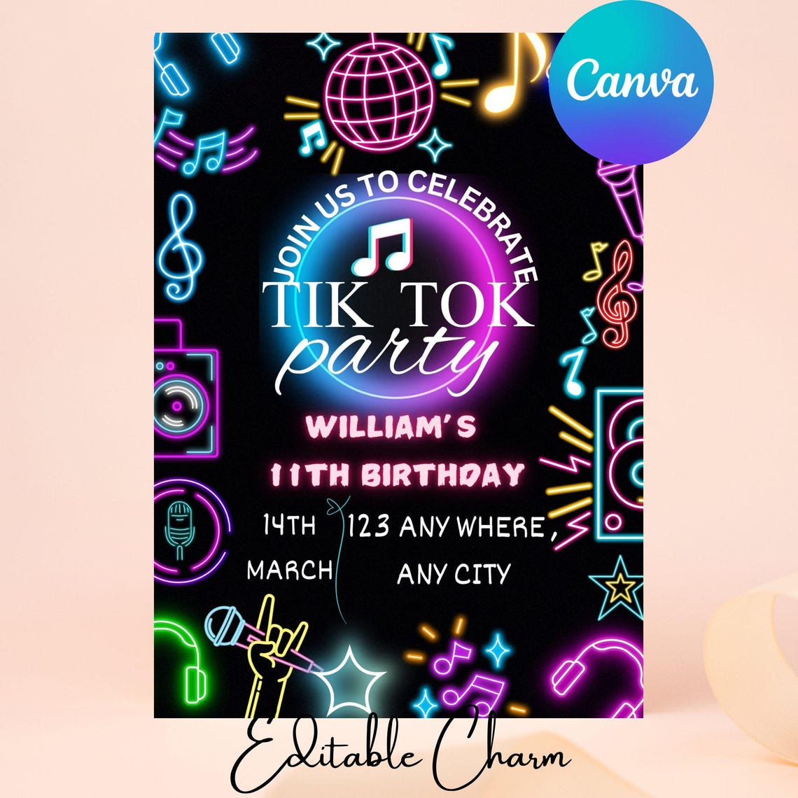 Tiktok Birthday Invitation, Tik Tok Invite, Printable Editable Party Invite Template, Blogger ...