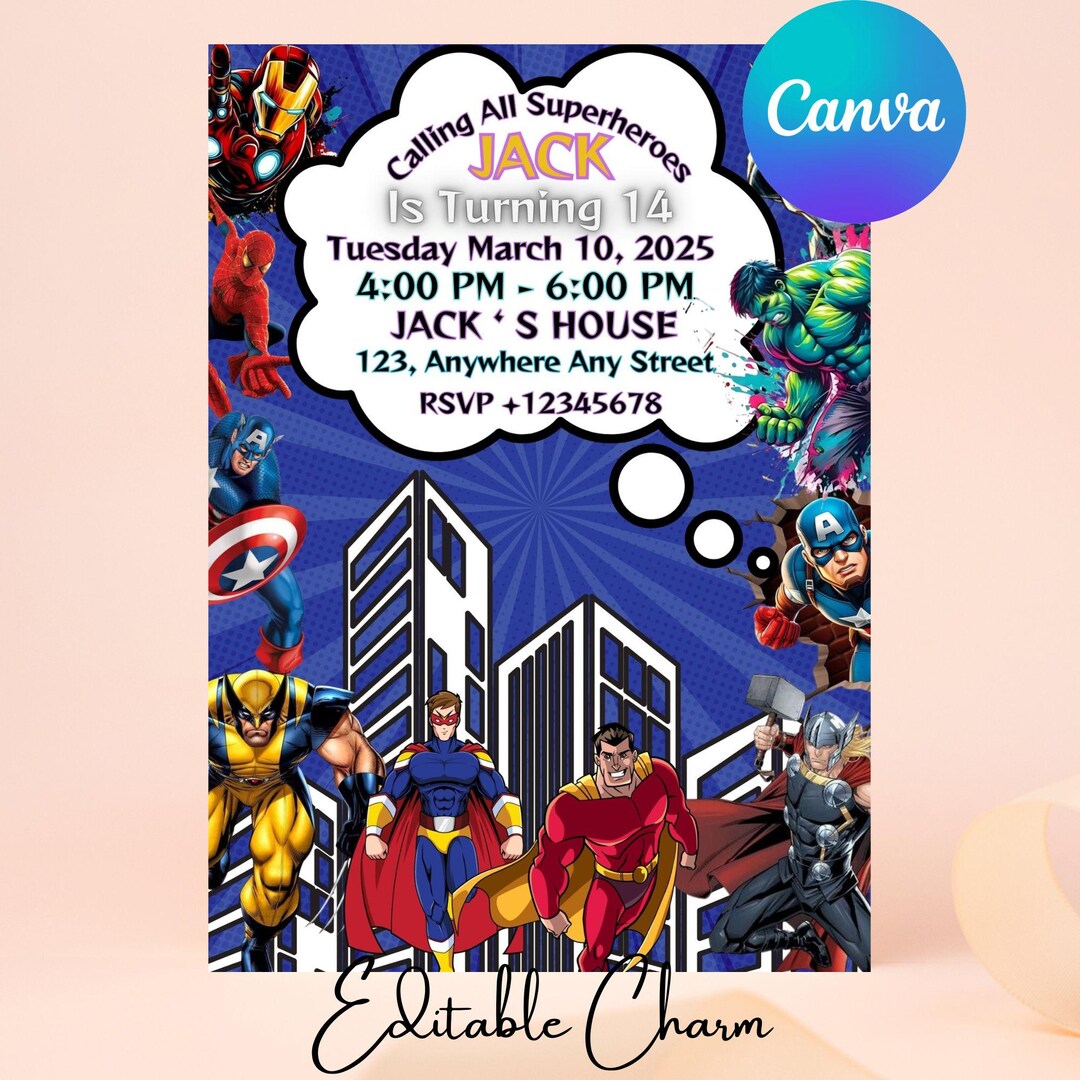 Editable Superheroes Birthday Invitation Template, Spider-man Iron Man ...
