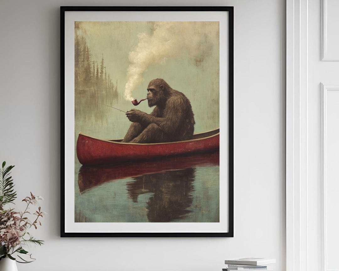 Bigfoot on a Red Canoe Fishing Retro Art Poster or Canvas Print ...