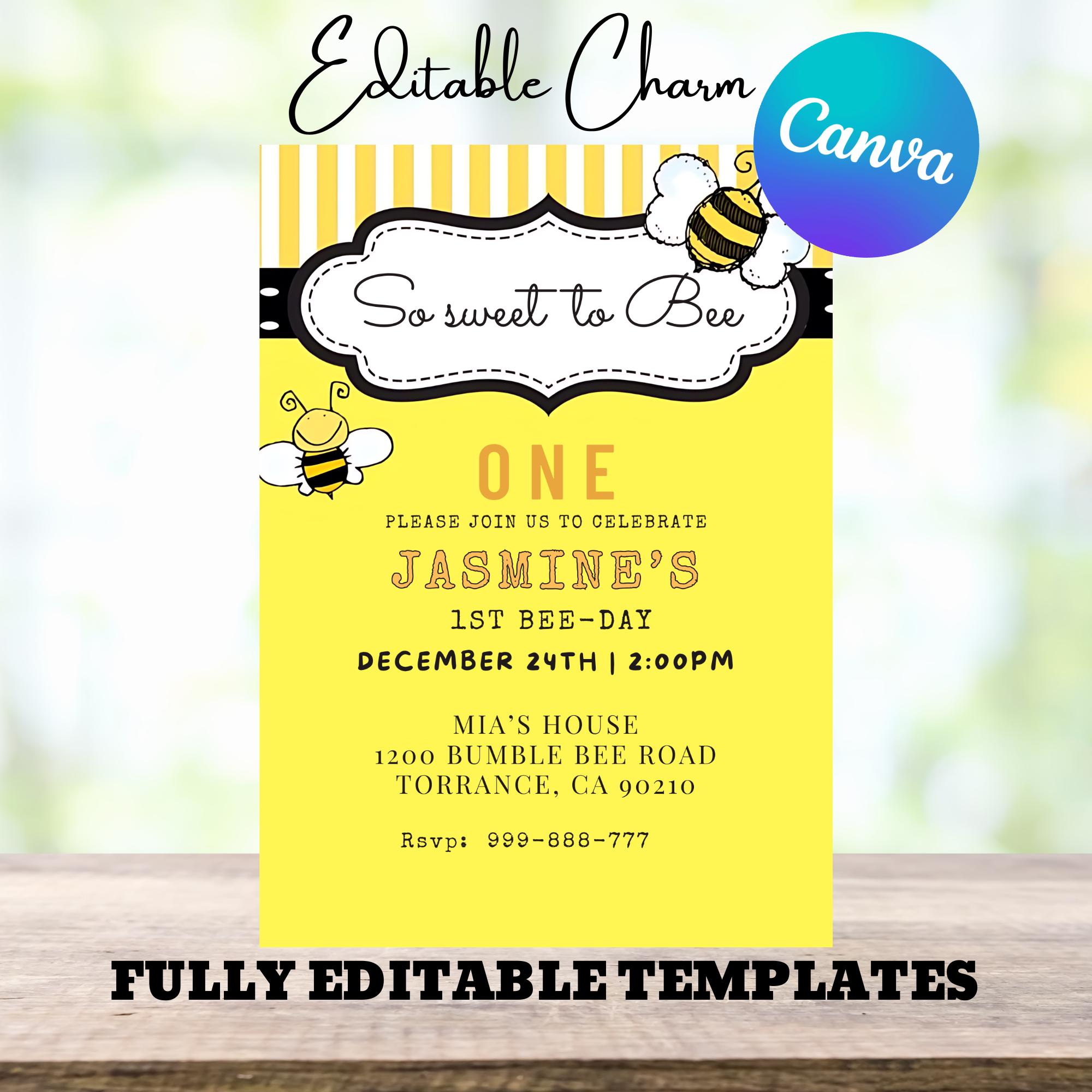 Editable Bee Birthday Invitation Bumble Bee Birthday Party First Bee ...