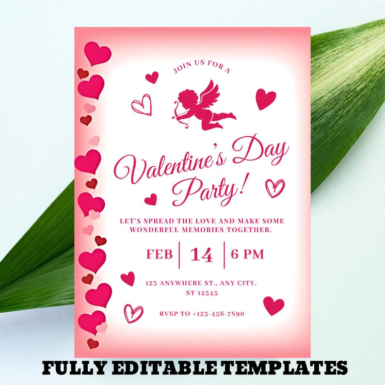 Editable Valentine's Day Party Invitation, Pink Red Hearts Invite ...