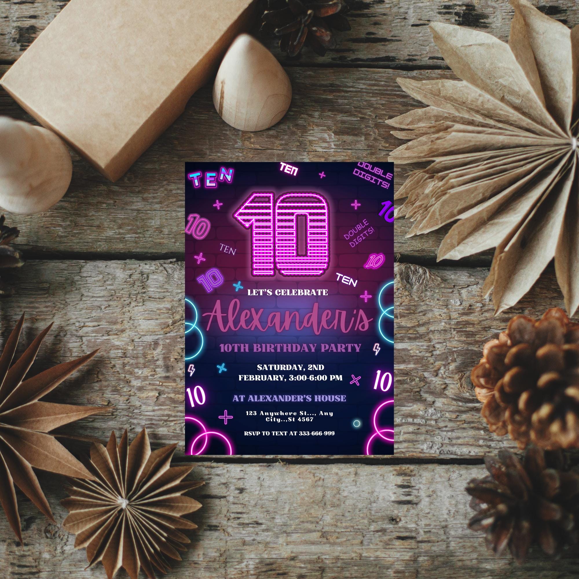 Boy 10th Birthday Invitation, Bruh Birthday Invitation, Neon, Glow ...