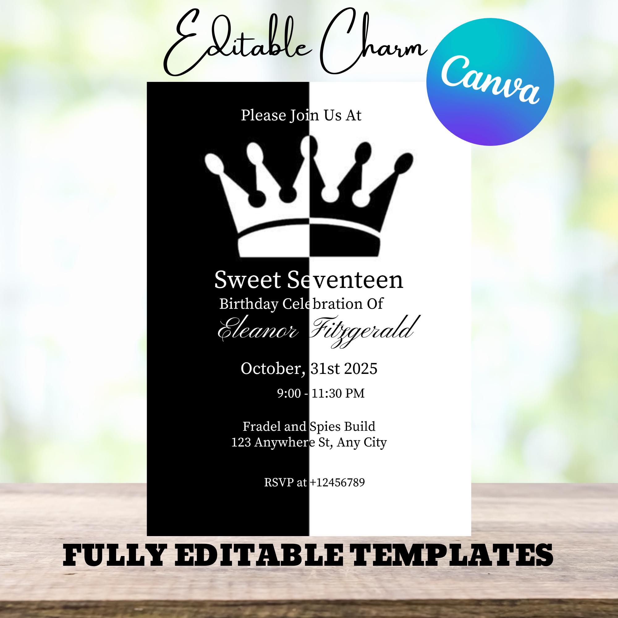 Editable Sweet Seventeen Birthday Invitation Template, Any Age Custom ...