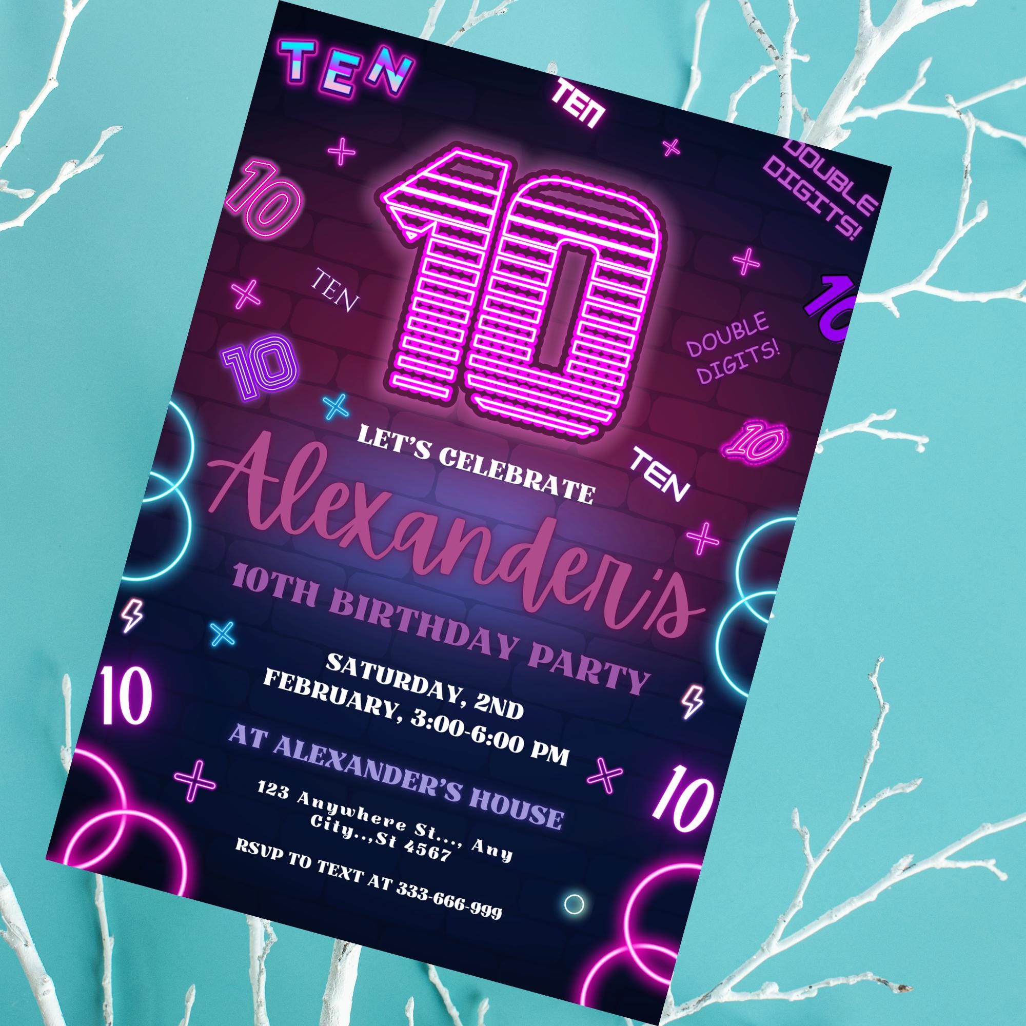 Boy 10th Birthday Invitation, Bruh Birthday Invitation, Neon, Glow ...