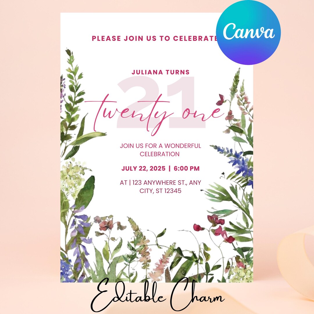 Editable 21st Birthday Invitation Template, Printable Wildflowers ...
