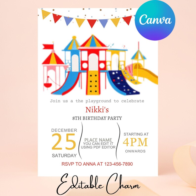 Editable Playground Birthday Party Invitation Girl Let's Play Jungle ...