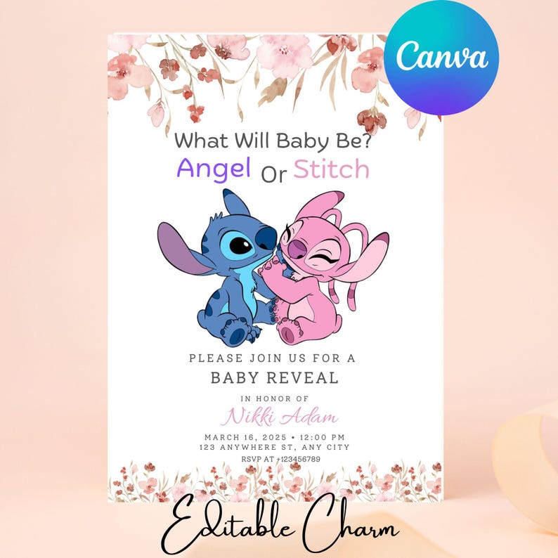 Angel and Stitch Gender Reveal Invitation, Valentines Stitch Gender ...