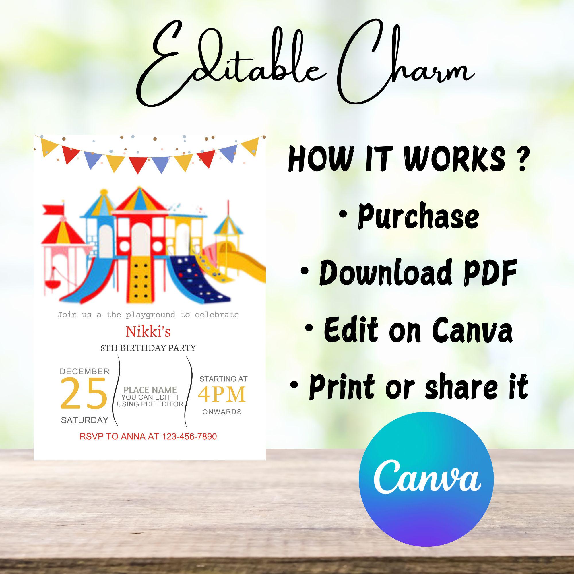 Editable Playground Birthday Party Invitation Girl Let's Play Jungle ...