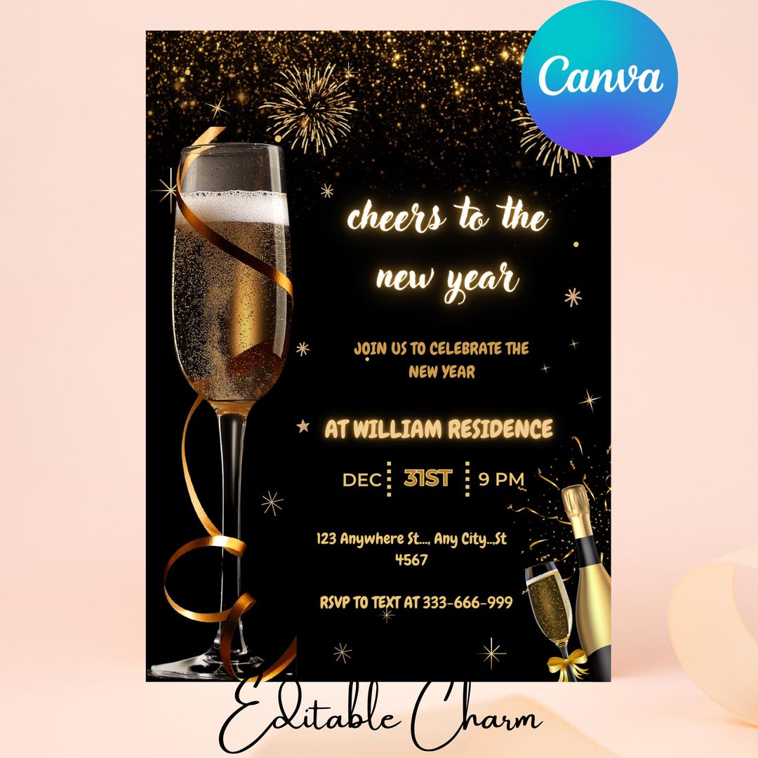 Editable 2025 New Years Eve Party Canva Invitation Template, Printable ...