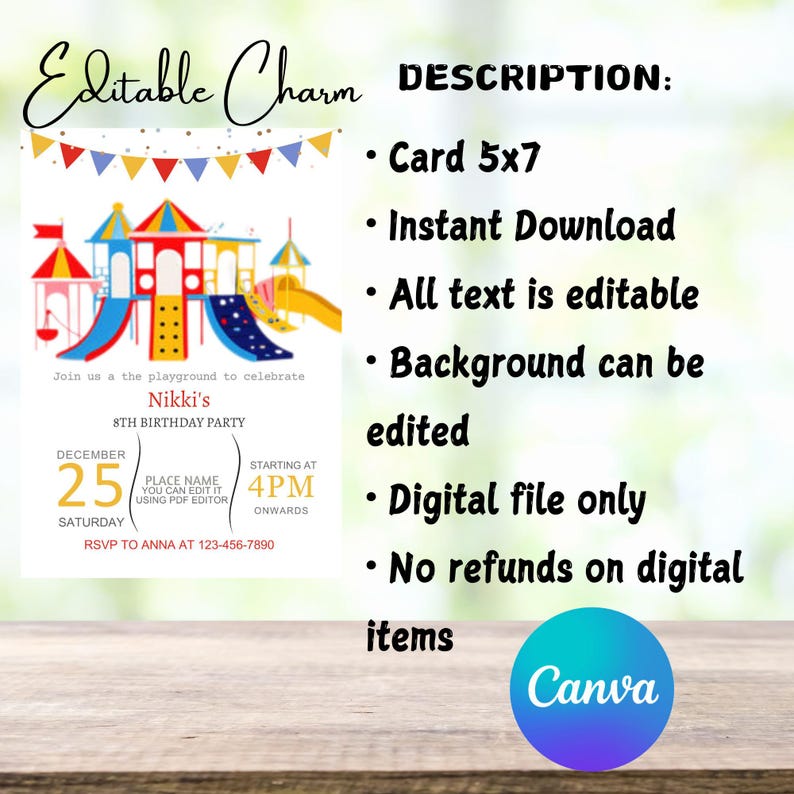 Editable Playground Birthday Party Invitation Girl Let's Play Jungle ...