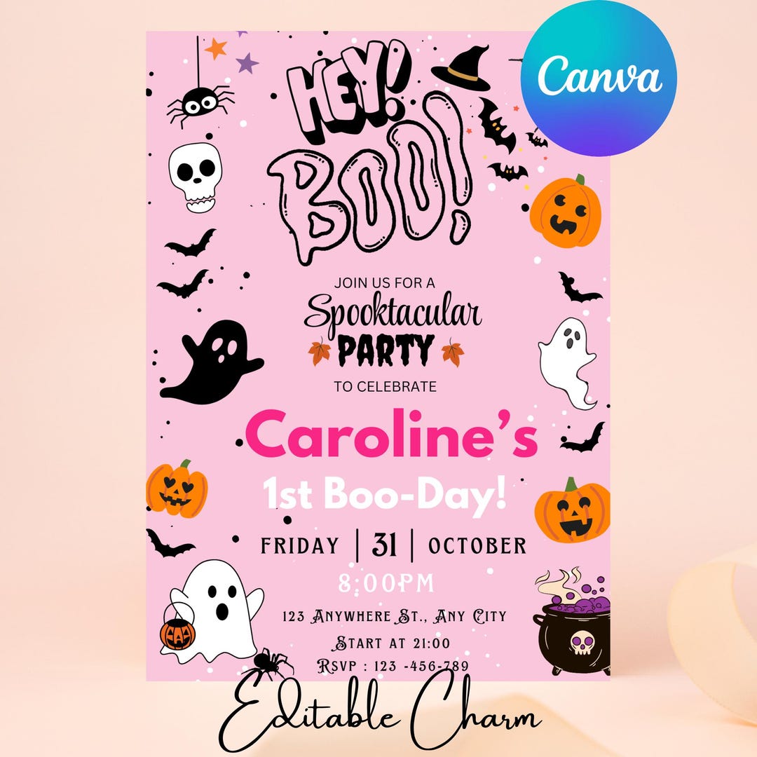 Editable Spooky One Invitation Pink, Halloween Ghost 1st Birthday Party ...