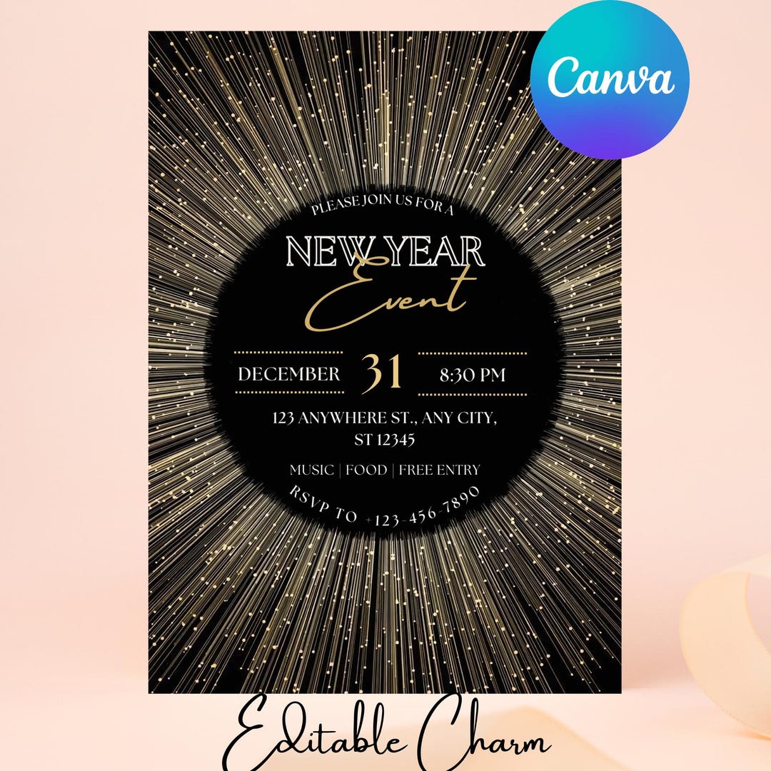 2025 New Years Party Invitation Template, Gold Balloon New Years Eve ...