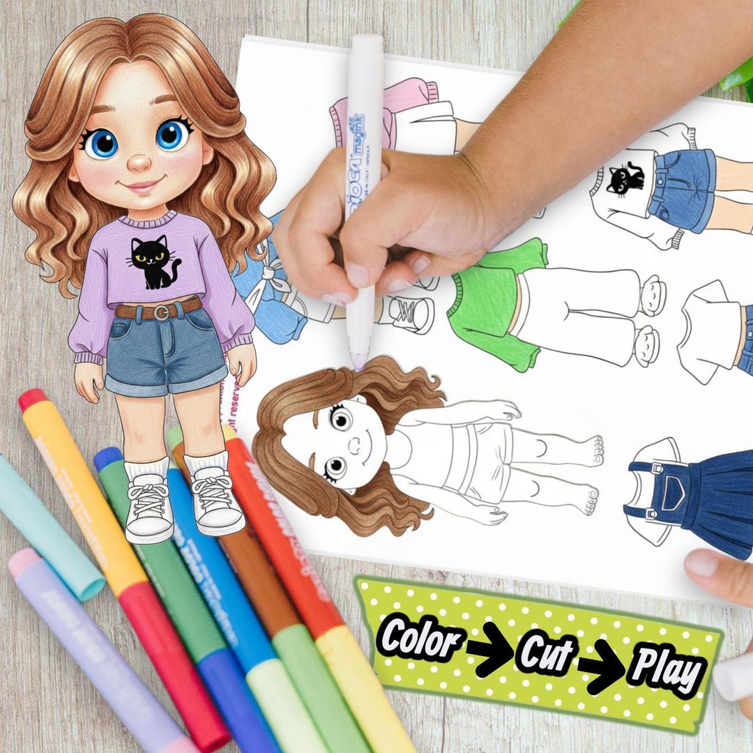 Printable Paper Doll Coloring Set: DIY Dress-up Toy (PDF) - Etsy