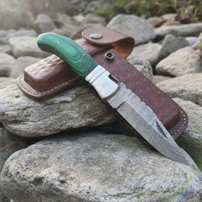 Damascus Steel Folding Knife • White Bone Handle • Camping Tool Fishing ...