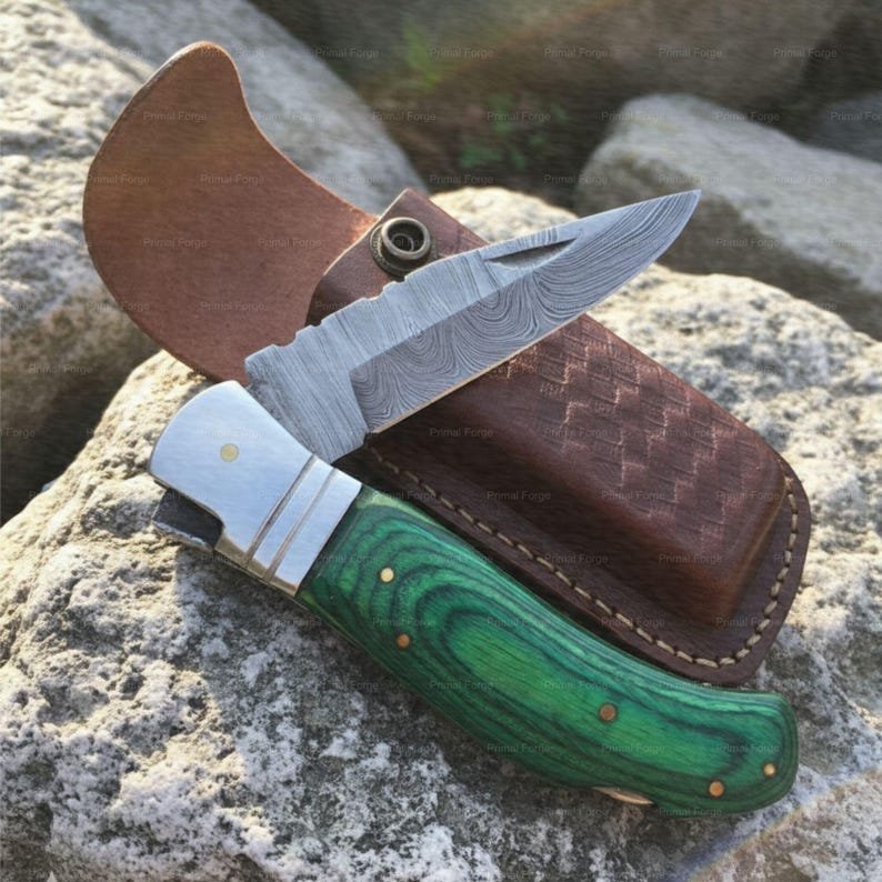 Damascus Steel Folding Knife • White Bone Handle • Camping Tool Fishing ...