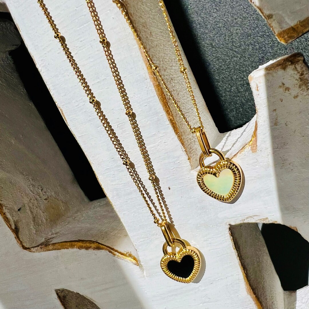 Two-tone Heart Pendant Necklace, Black White, White Red, Black red ...