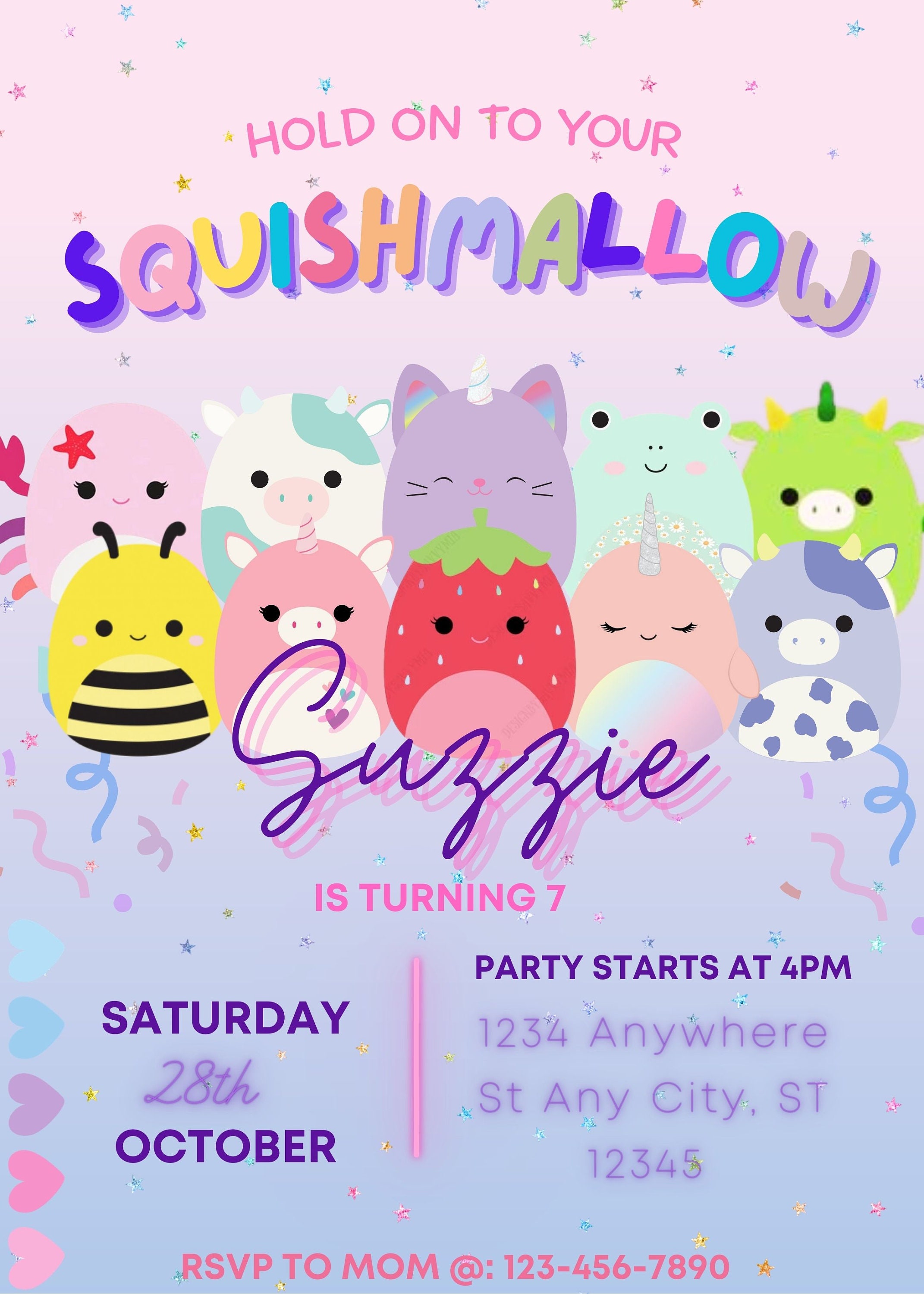 Squishmallow Birthday Invitation Cute Squishy Party Invites Squish ...
