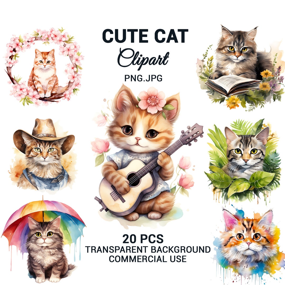 Watercolor Cute Cat Bundle, Cute Animal Clipart, Wild Animal Clipart ...