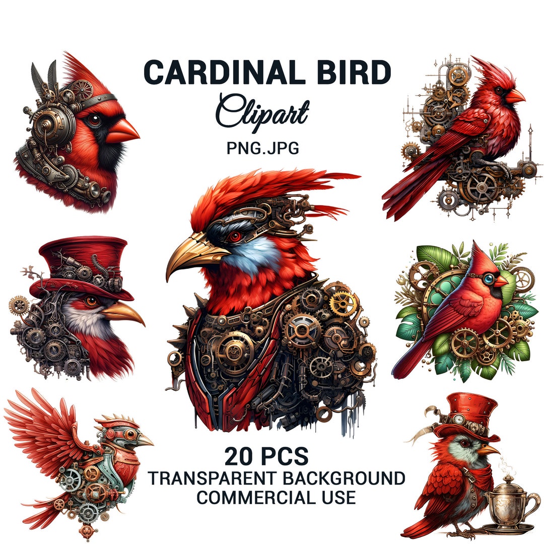 Steampunk Cardinal Clipart, Mechanical Bird Graphics Flying Gears ...