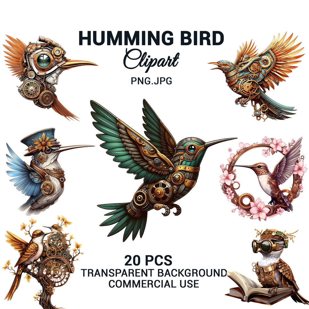 Steampunk Hummingbirds Clipart, Mechanical Bird Graphics Flying Gears ...
