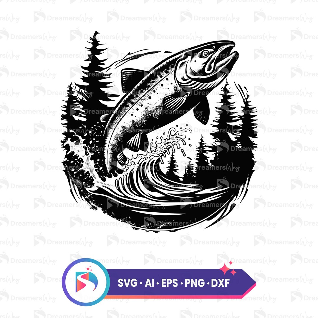 Salmon Jumping Out of the Water With a Forest, Nature Outdoor Scene Svg ...