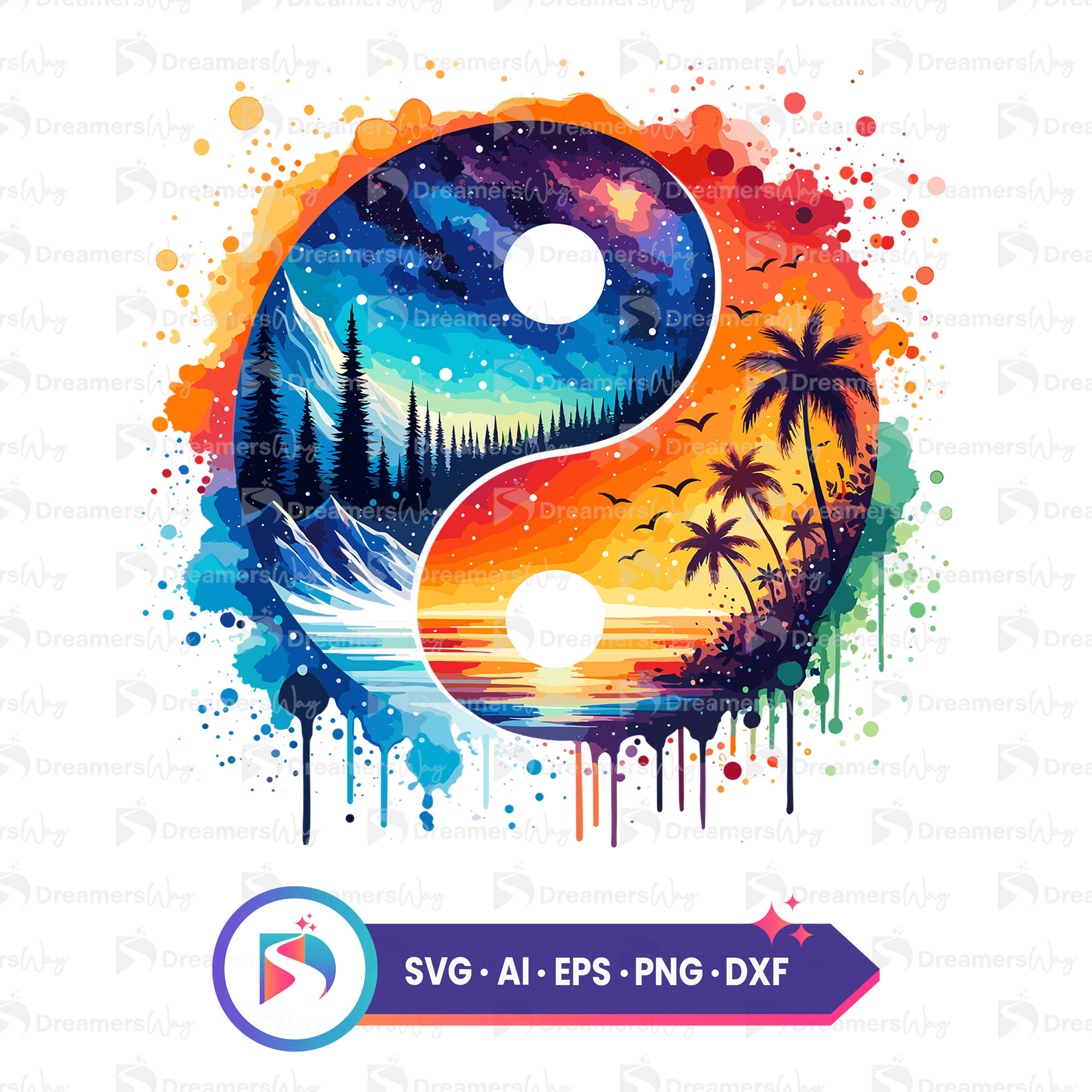 Watercolor Nature Yin Yang Vector Art, Svg, Ai, Eps, Png, Dxf Files ...