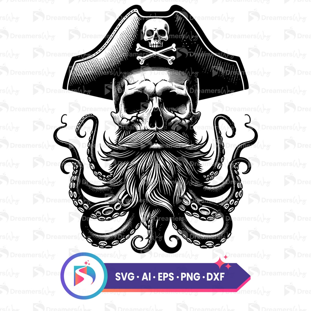 Pirate Skull With Octopus Vector Art, Svg, Pirate Hat Svg, Beard ...