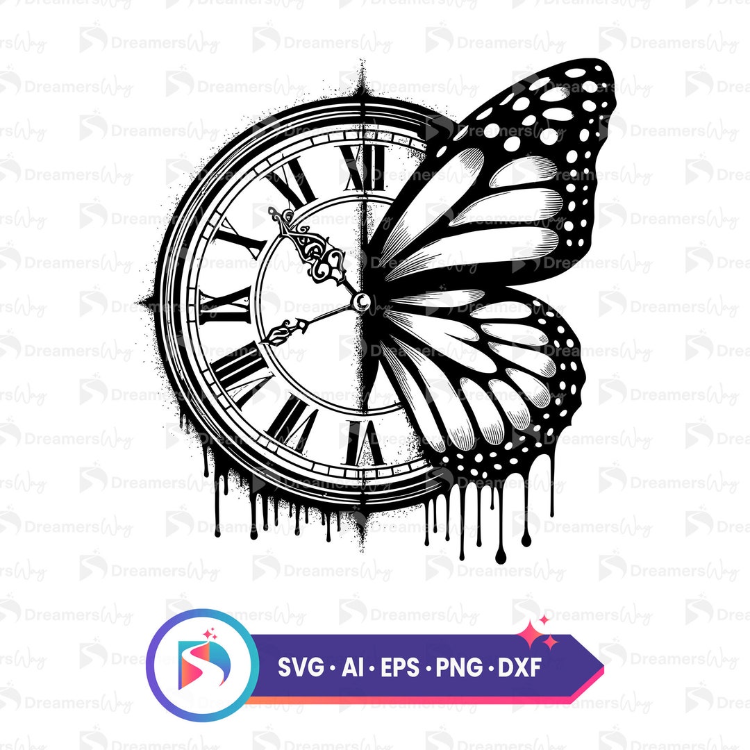 Butterfly With Clock Vector Art, Svg, Clock Digital Art, Printable Wall ...