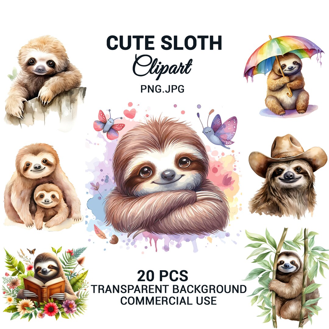 Watercolor Cute Sloth Bundle, Cute Animal Clipart, Wild Animal Clipart ...