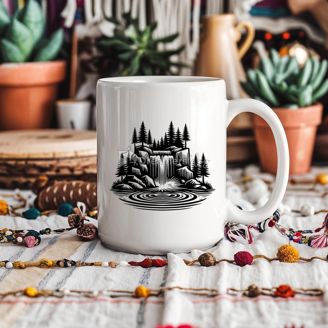 Waterfall and Forest Vector Illustration. Svg, Ai, Eps, Png, Dxf Files ...