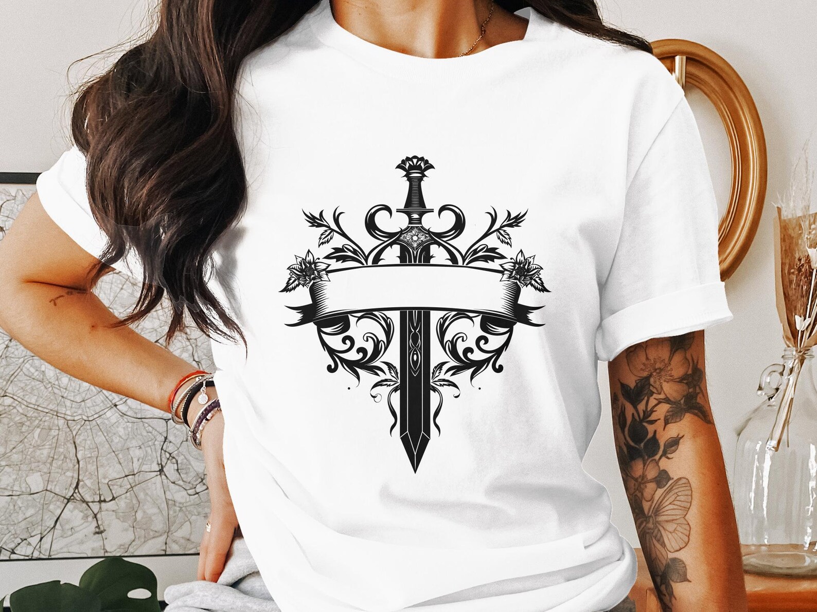 Sword With Floral Filigree Around It With an Empty Banner Vector Art ...