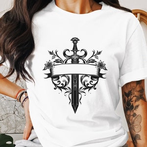 Sword With Floral Filigree Around It With an Empty Banner Vector Art ...