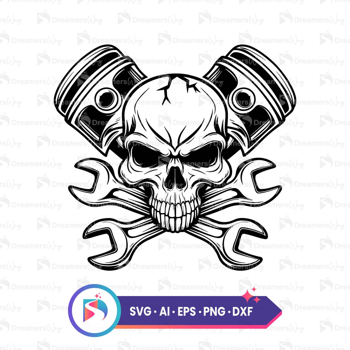 Skull Engine Pistons Wrench Art Digital Download, Mechanic Art, Skull ...