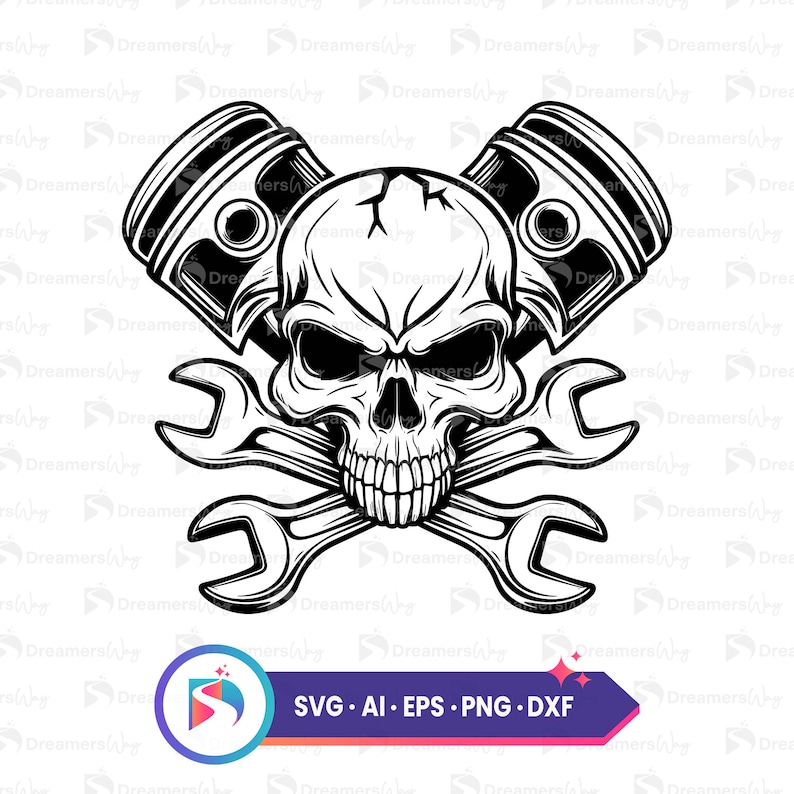 Skull Engine Pistons Wrench Art Digital Download, Mechanic Art, Skull ...
